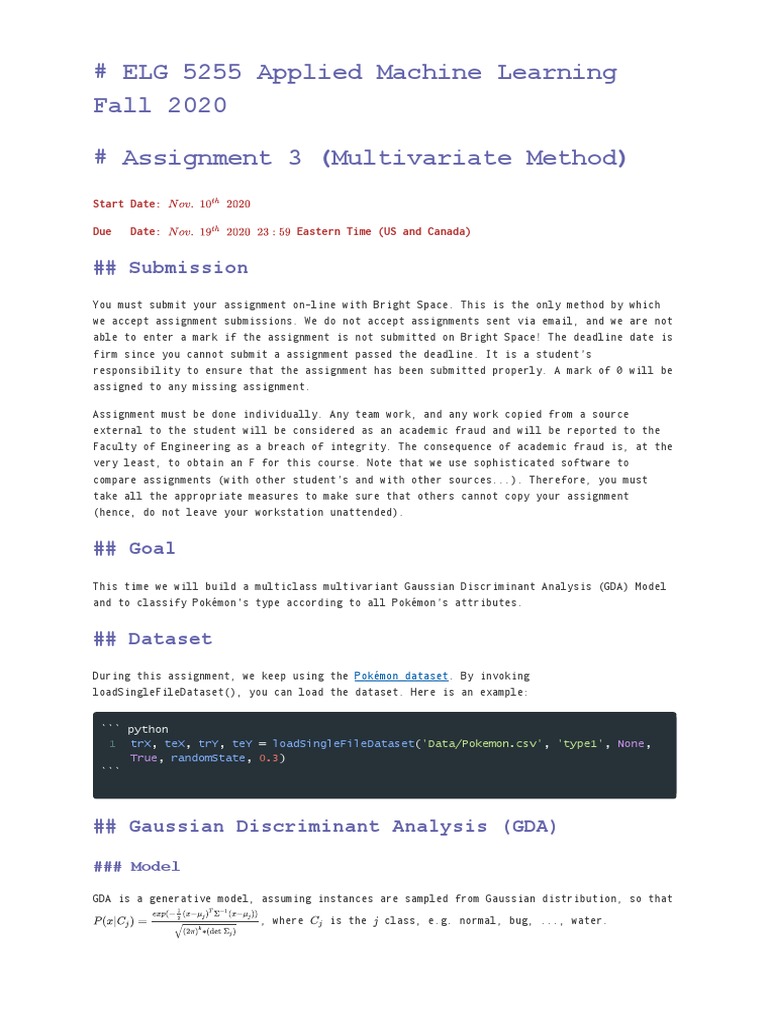 # ELG 5255 Applied Machine Learning Fall 2020 # Assignment 3 (Multivariate Method) | PDF ...