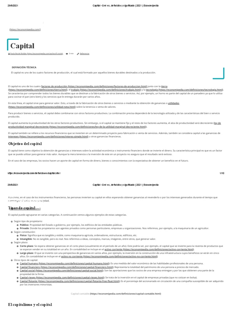 Capital - Qué Es, Definición y Significado - 2021 - Economipedia | PDF ...