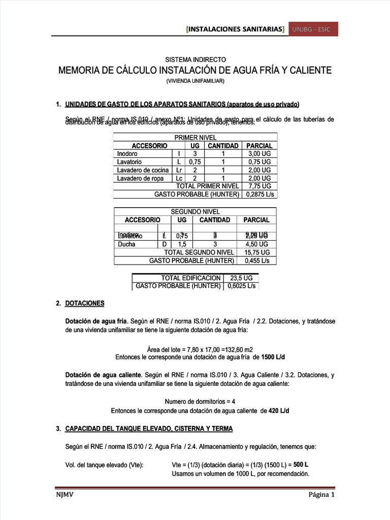 Memoria De Cálculo Instalaciones Sanitarias Pdf