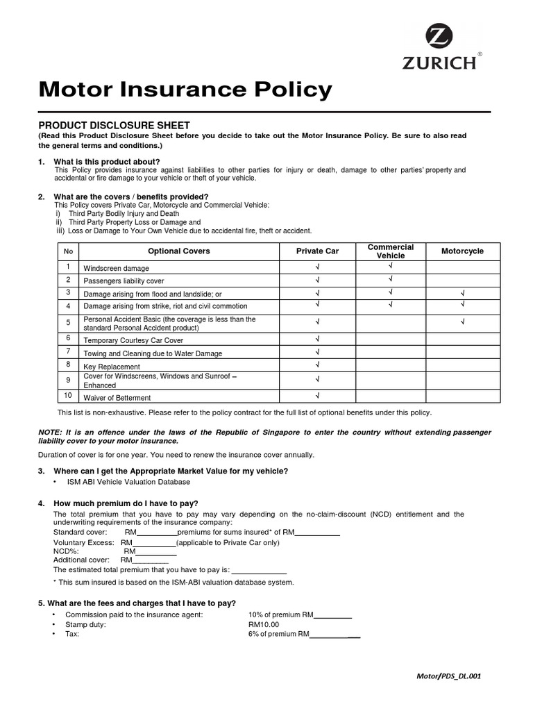 Zurich Motor Disclosure Sheet | PDF | Insurance | Vehicle Insurance