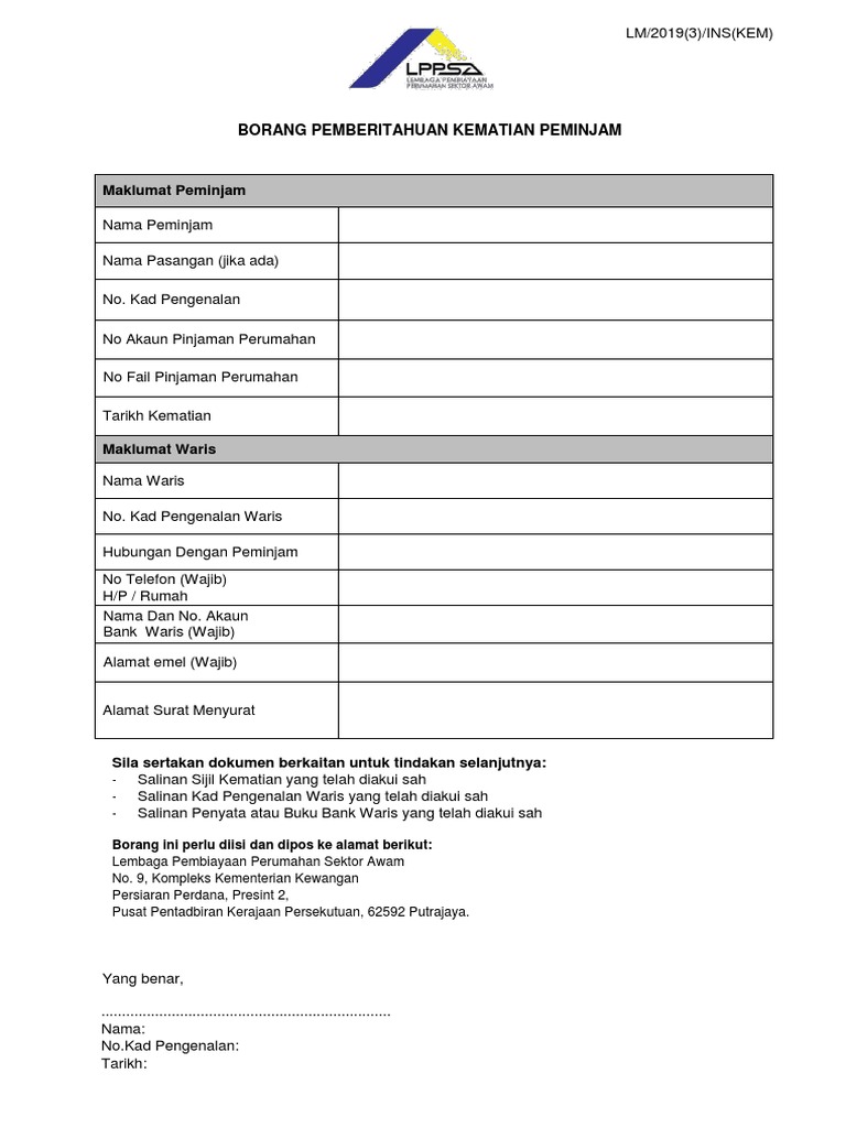 Borang Pemberitahuan Kematian Peminjam | PDF