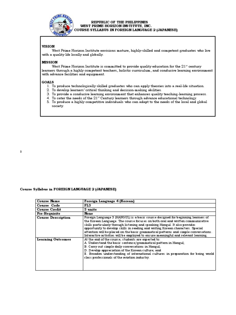Republic of The Philippines West Prime Horizon Institute, Inc. Course ...