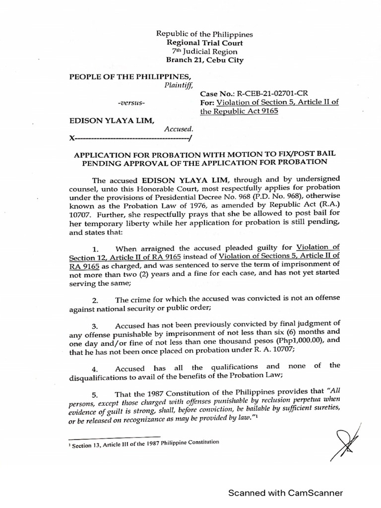 Application For Probation With Motion To Post Bail (People vs. Edison ...