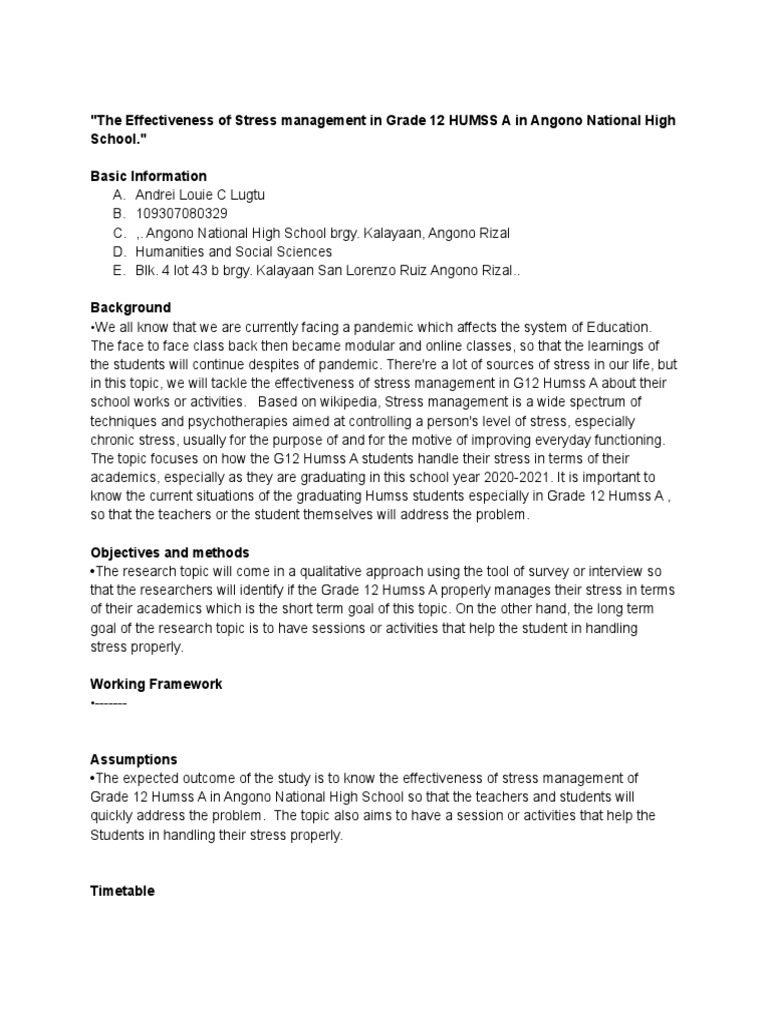 Stress Management for Grade 12 HUMSS | PDF | Stress Management | Teachers