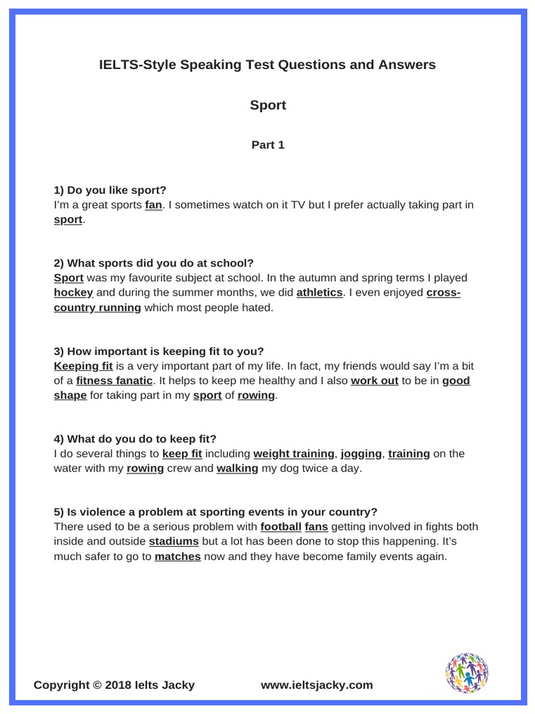 IELTS-Style Speaking Test Questions and Answers Sport | PDF | Sports ...