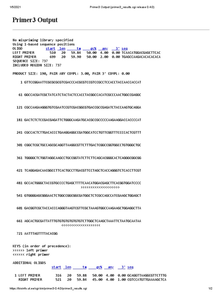 Primer3 Output (Primer3 - Results - Cgi Release 0.4.0) | PDF | Biology | Biotechnology