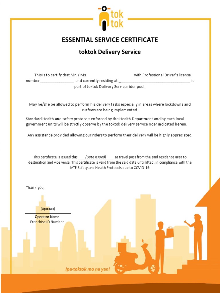 Essential Service Certificate for Riders | PDF | Finance & Money Management