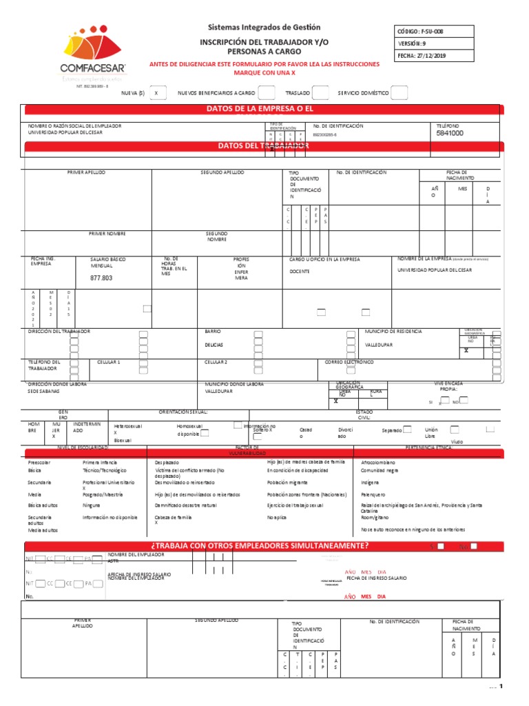 Formulario Comfacesar en Blanco | PDF | Salario mínimo | Invalidez