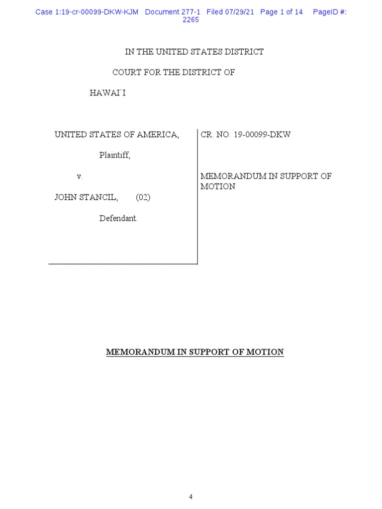 Stancil Memorandum in Support of Motion For Release On Bail | PDF | Bail | Remand (Detention)