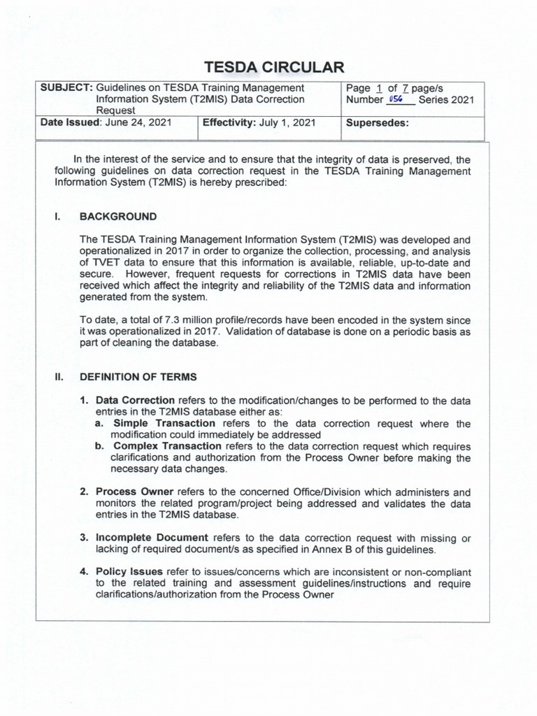 TESDA T2MIS Data Correction Guidelines | PDF | Database Transaction ...
