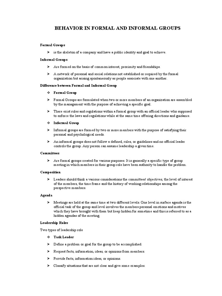 Behavior in Formal and Informal Groups | PDF | Brainstorming | Leadership