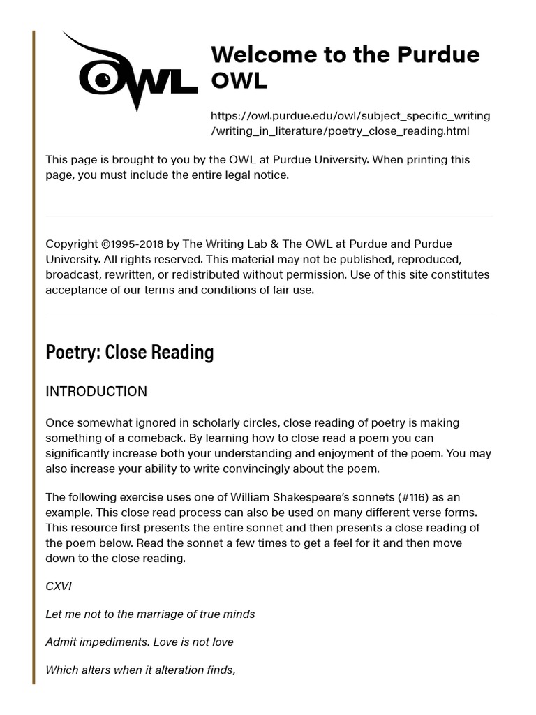 OWL Purdue University - Close Reading Poetry (Brief Intro) | PDF ...