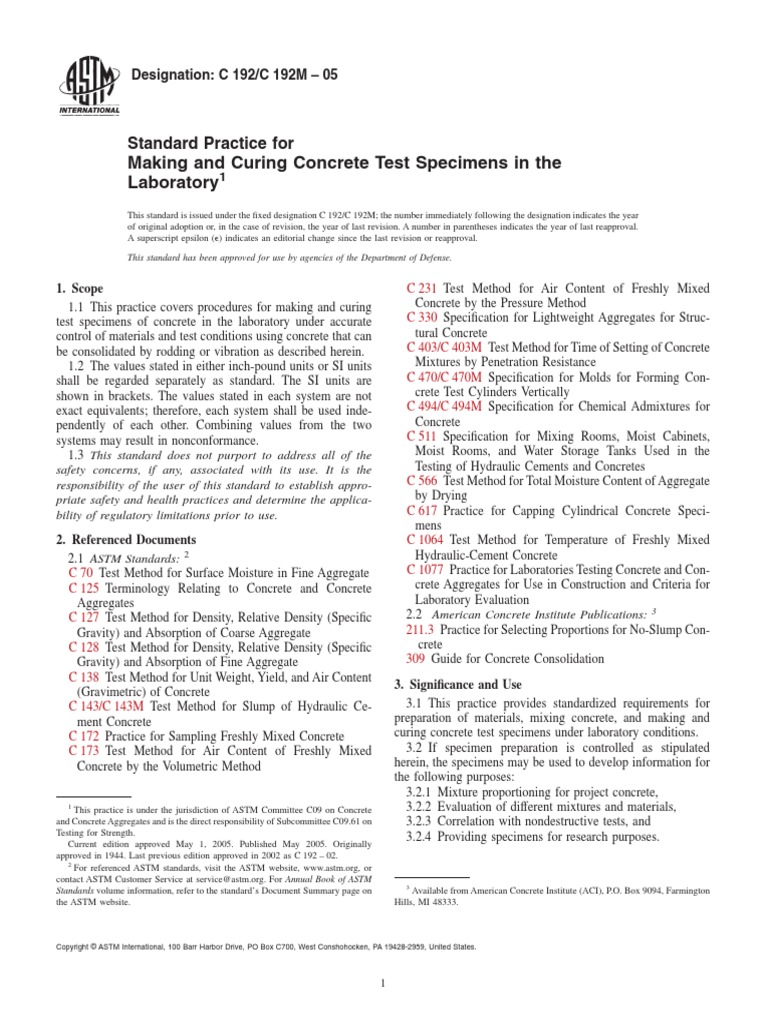 Making and Curing Concrete Test Specimens in The Laboratory: Standard ...