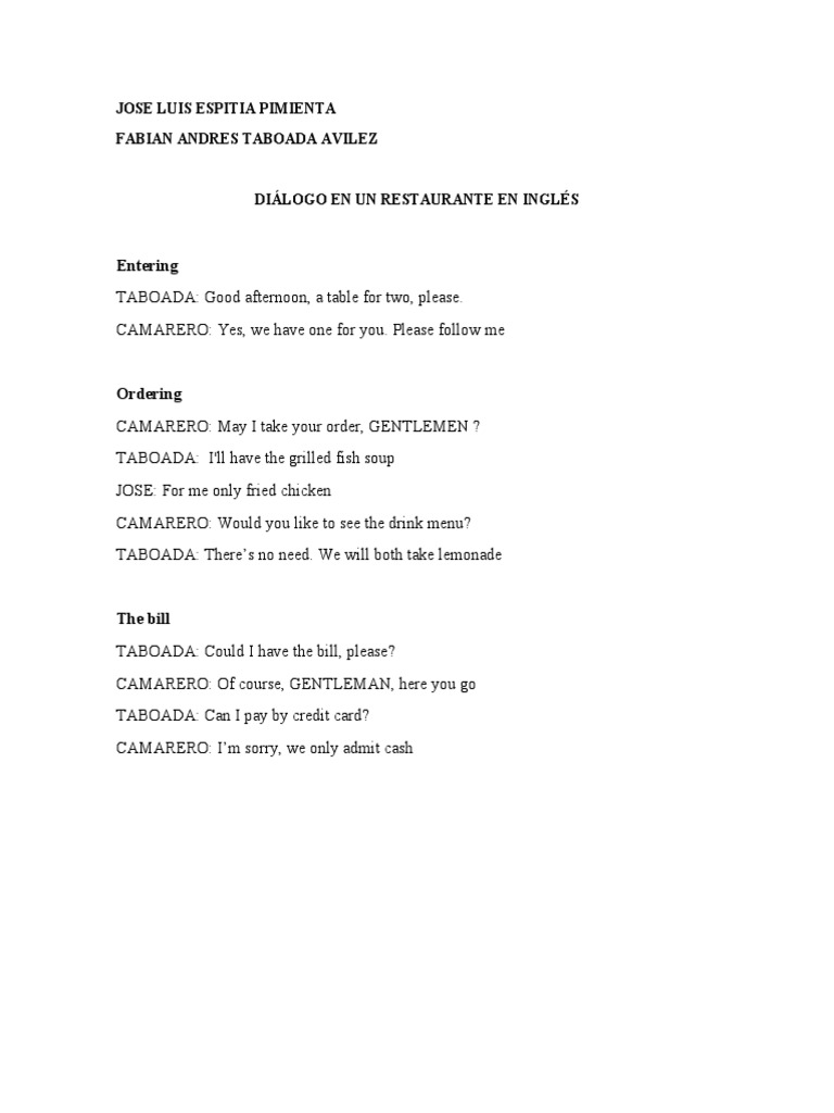 Diálogo en Un Restaurante en Inglés | PDF