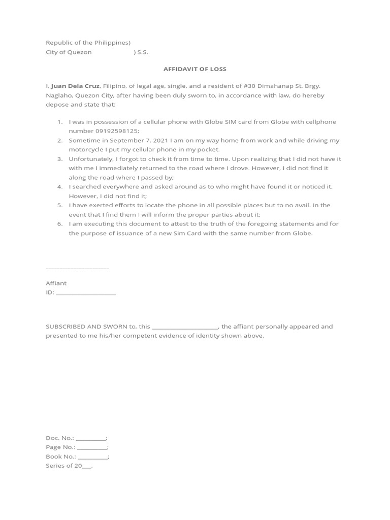 Affidavit of Loss For Globe Sim Cards | PDF