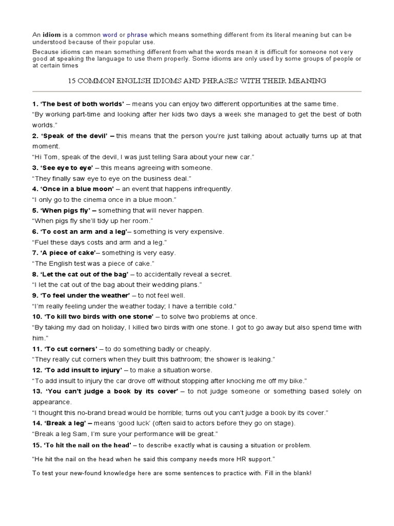Popular Idioms And Their Meanings