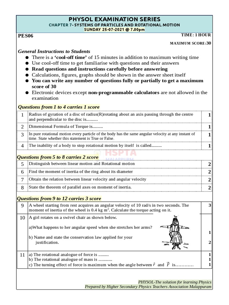 Physol Exam Series Chapter 7 Systems of Particles and Rotational Motion ...