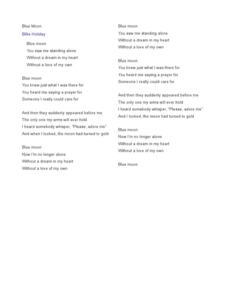 Billie Holiday's "Blue Moon" Lyrics | PDF