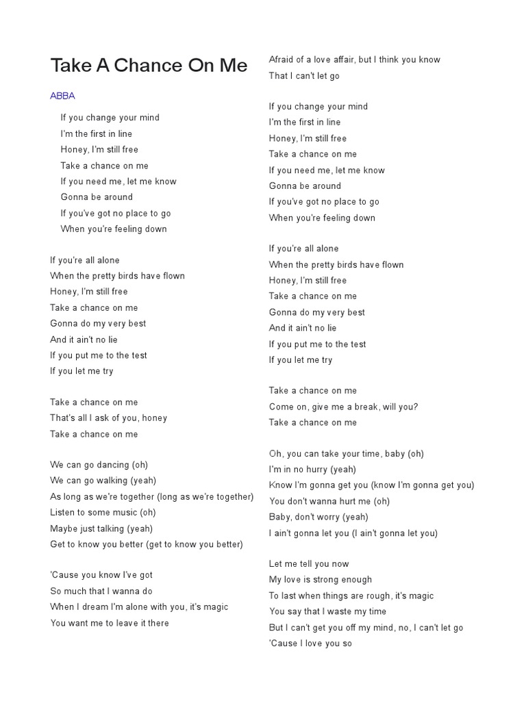ABBA's Take A Chance On Me Lyrics | PDF