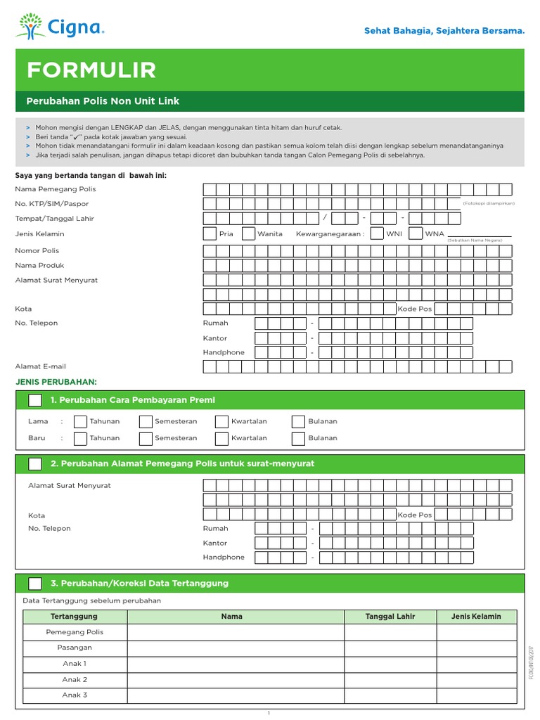 Formulir Pembatalan Polis - Perubahan Polis Non Unit Link Cigna | PDF