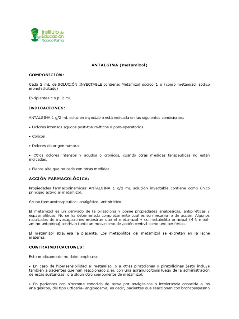 Uso y Dosis de Antalgina Inyectable | PDF | Analgésico | Especialidades ...