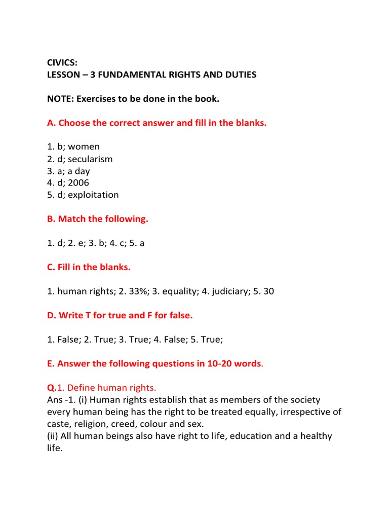 Civics: Lesson - 3 Fundamental Rights and Duties: A. Choose The Correct ...