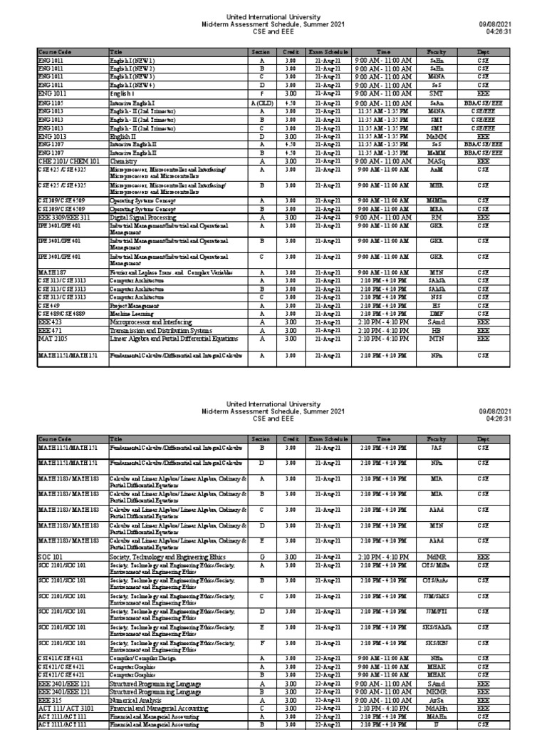 UIU CSE & EEE Midterm Schedule 2021 | PDF | Ordinary Differential Equation | Electrical Engineering