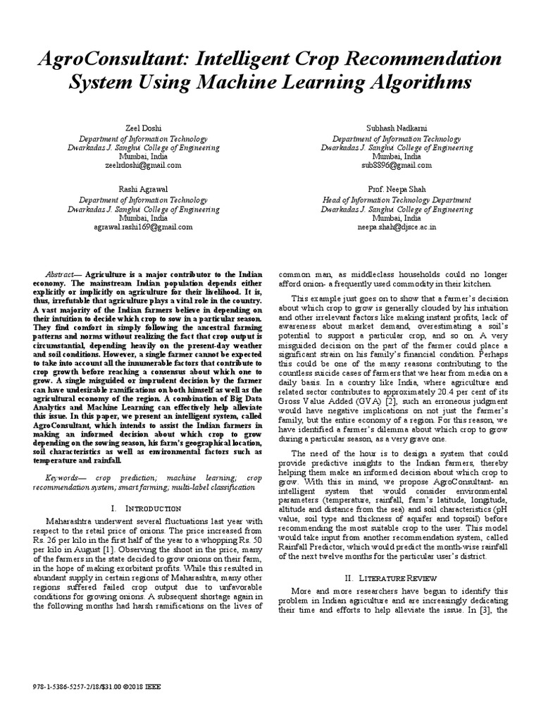 Agroconsultant: Intelligent Crop Recommendation System Using Machine Learning Algorithms | PDF ...