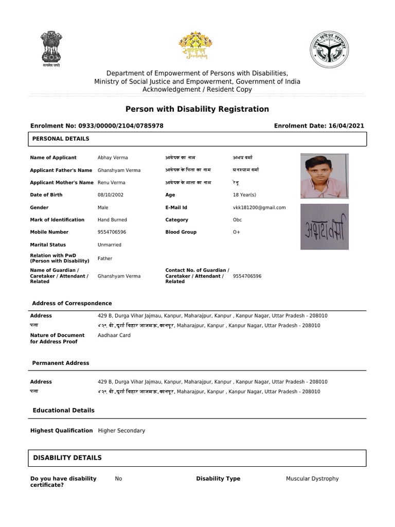 Person With Disability Registration | PDF | Disability | Government And ...