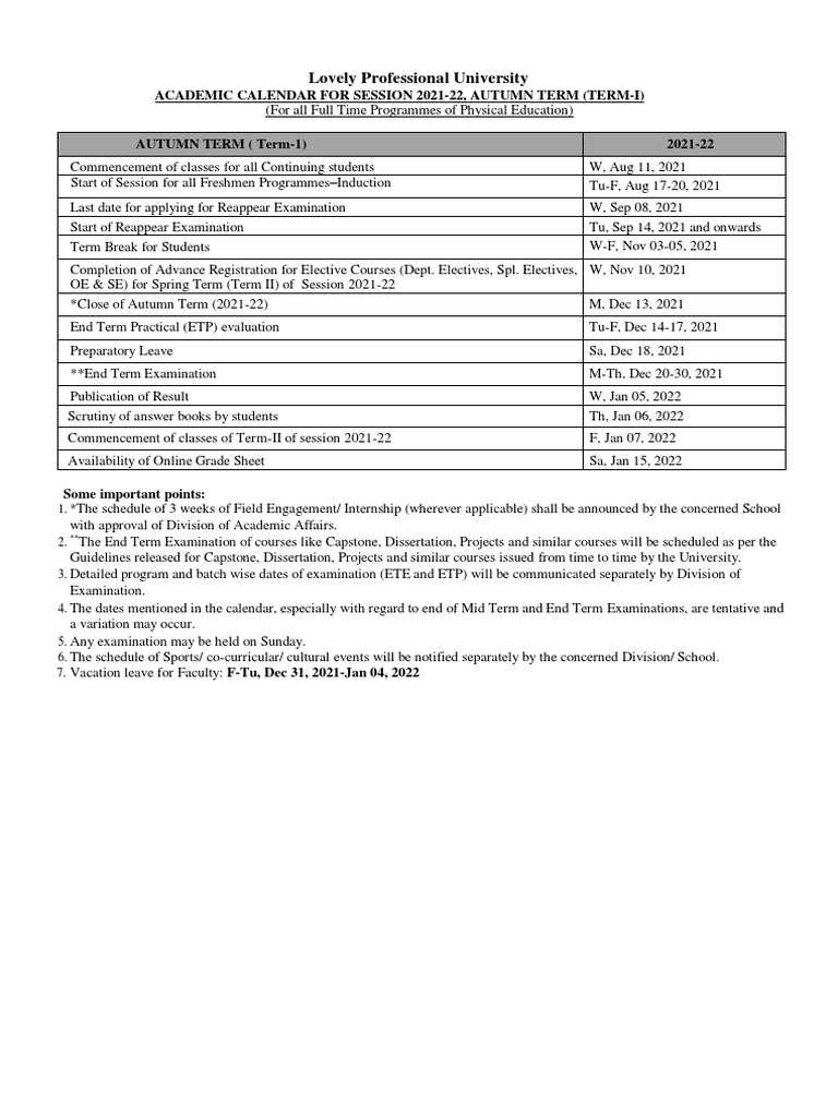 Academic Calendar For All Full Time Programmes of Physical Education ...