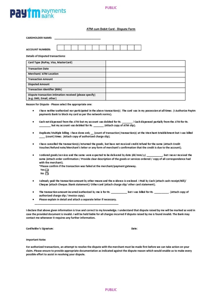 ATM Cum Debit Card Dispute Form | PDF | Debit Card | Credit Card