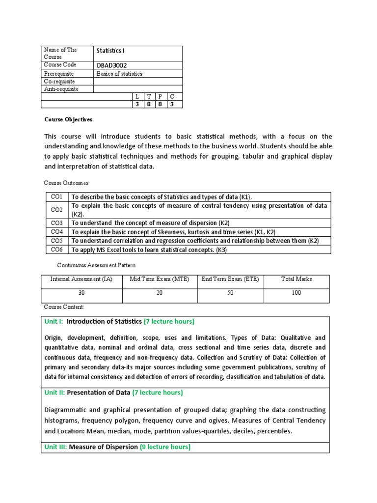 3 0 0 3 Course Objectives: Introduction of Statistics | PDF ...