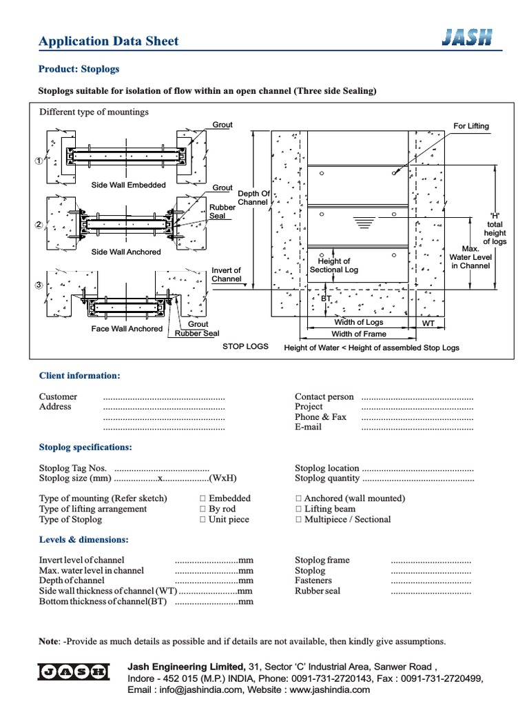 Application Data Sheet: Product: Stoplogs | PDF | Civil Engineering