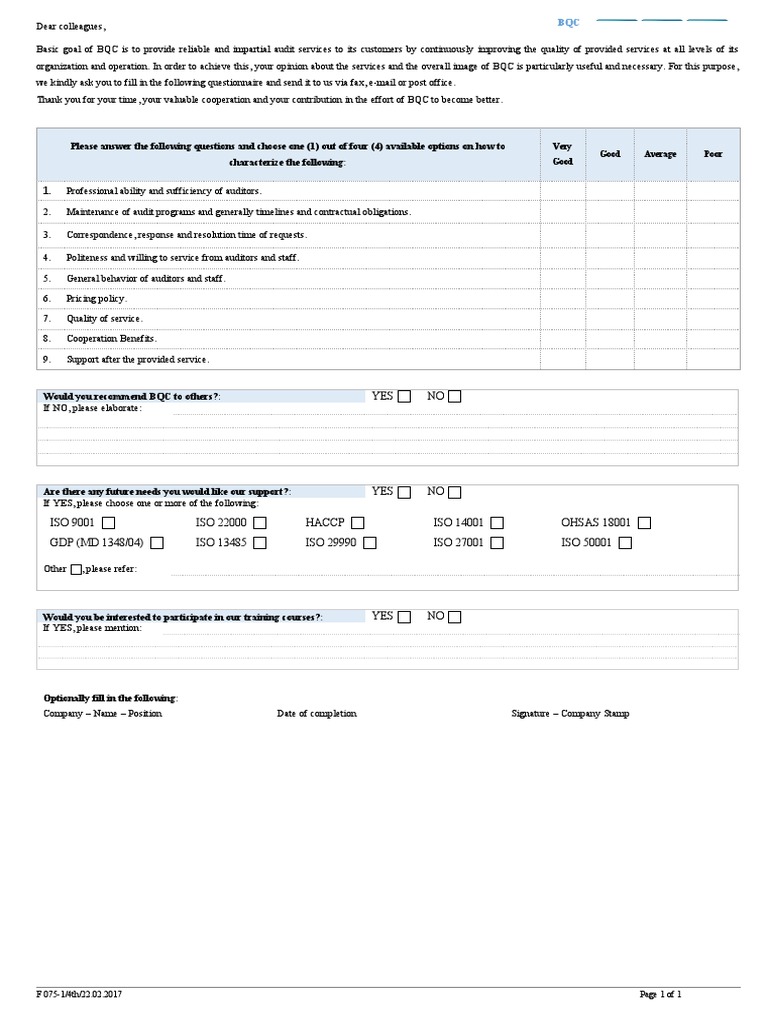 BQC Quality Control Feedback Survey | PDF | Audit | Iso 9000