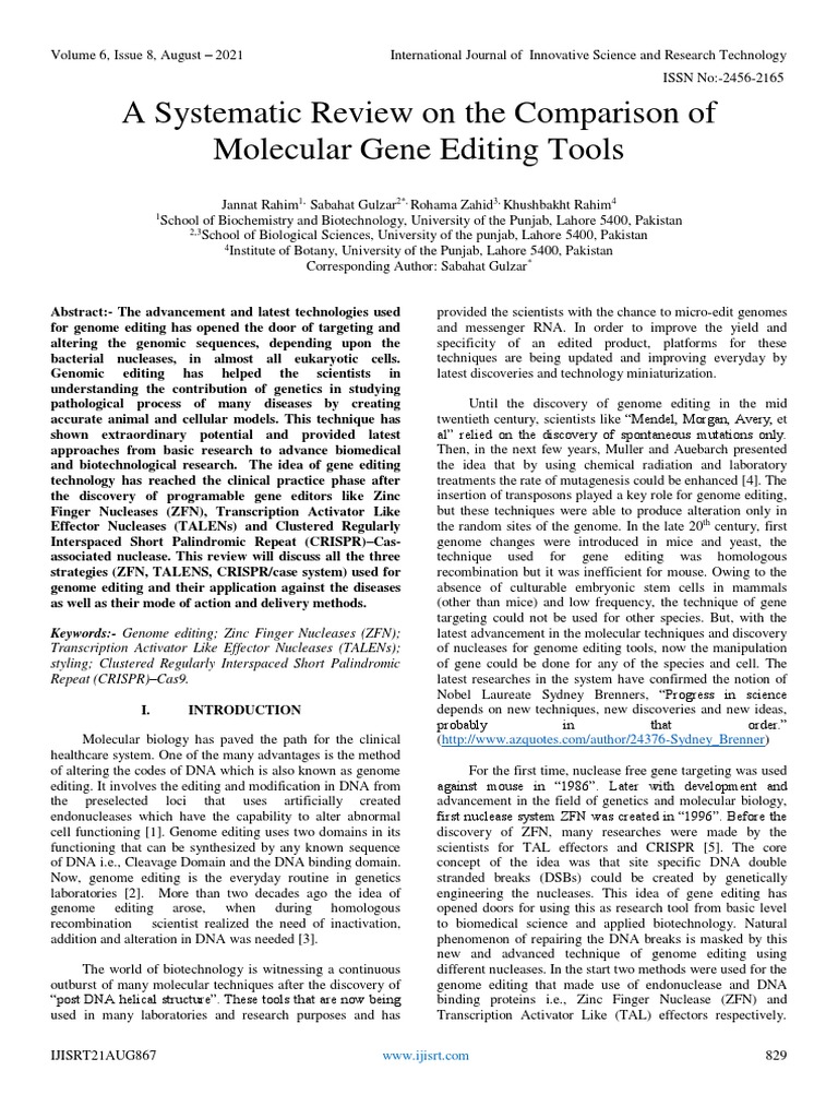 A Systematic Review On The Comparison of Molecular Gene Editing Tools ...