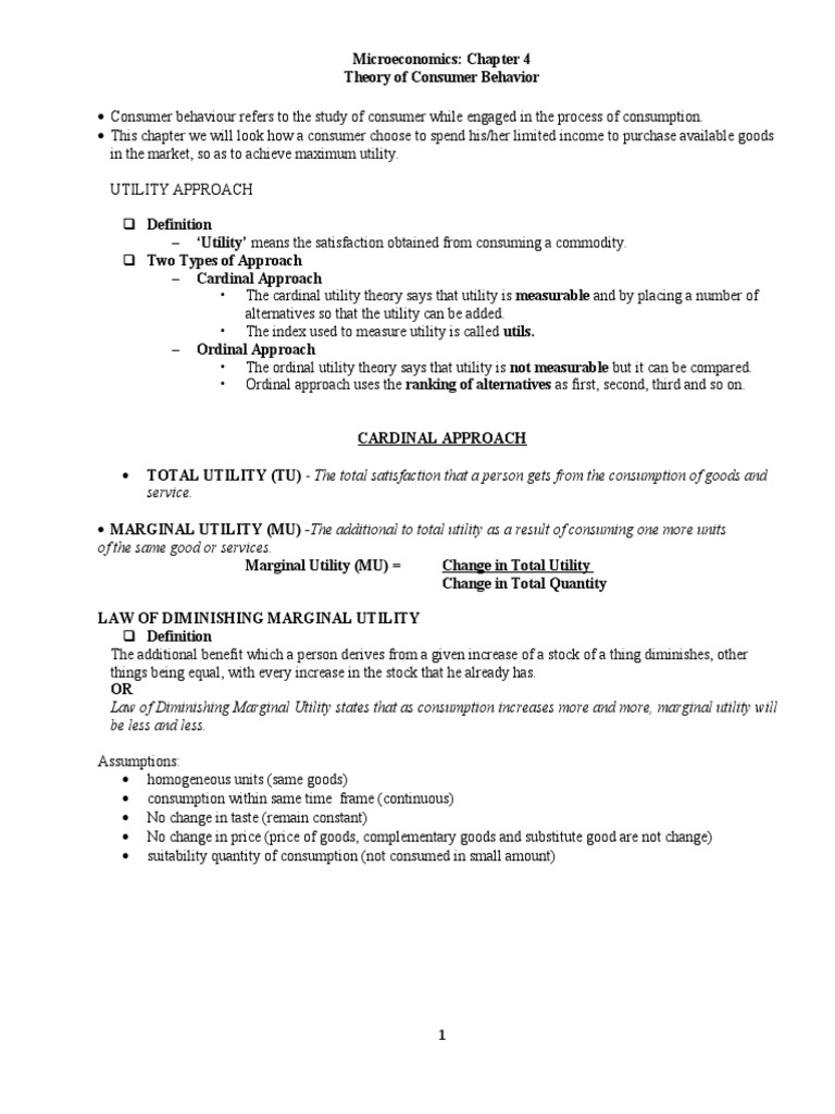 Chapter 4 Theory Of Consumer Behaviour Pdf Utility Microeconomics