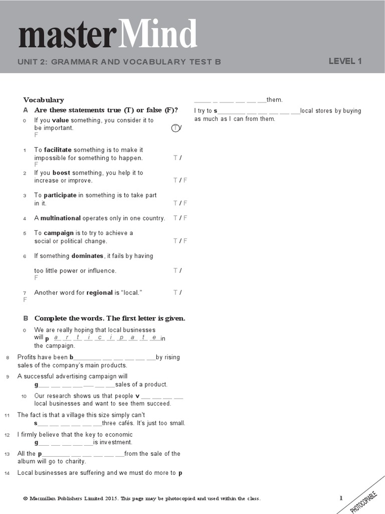 Unit 2: Grammar and Vocabulary Test B: Level 1 | PDF | Economies
