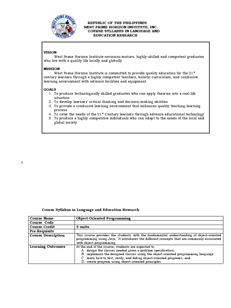 Republic of The Philippines West Prime Horizon Institute, Inc. Course ...