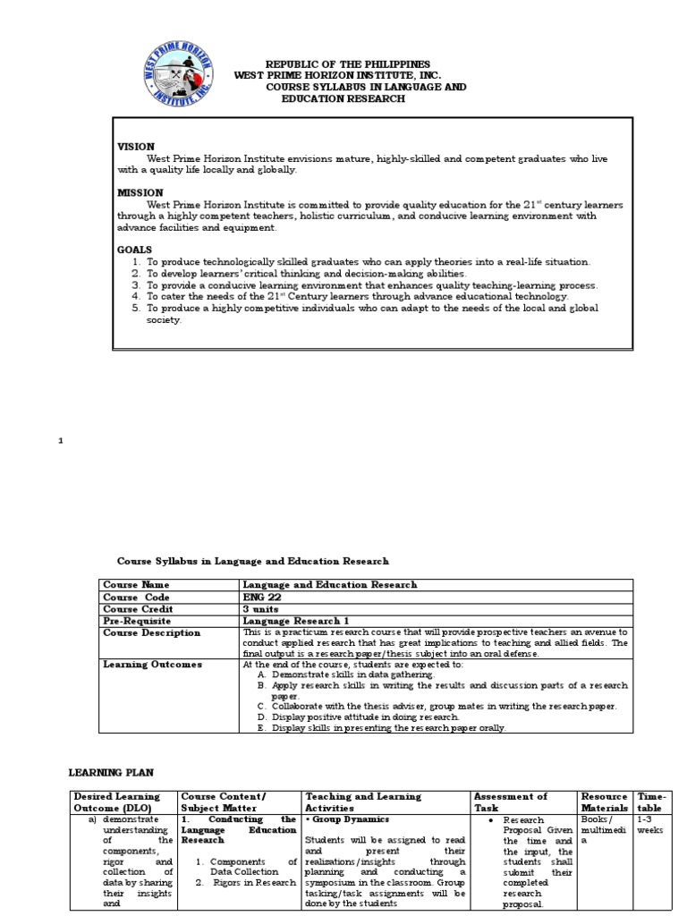 Republic of The Philippines West Prime Horizon Institute, Inc. Course ...