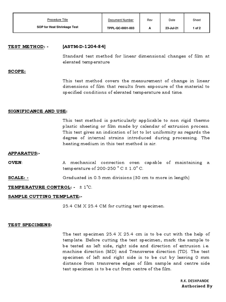 Test Method: - (ASTM-D-1204-84) : SOP For Heat Shrinkage Test TPPL-QC ...