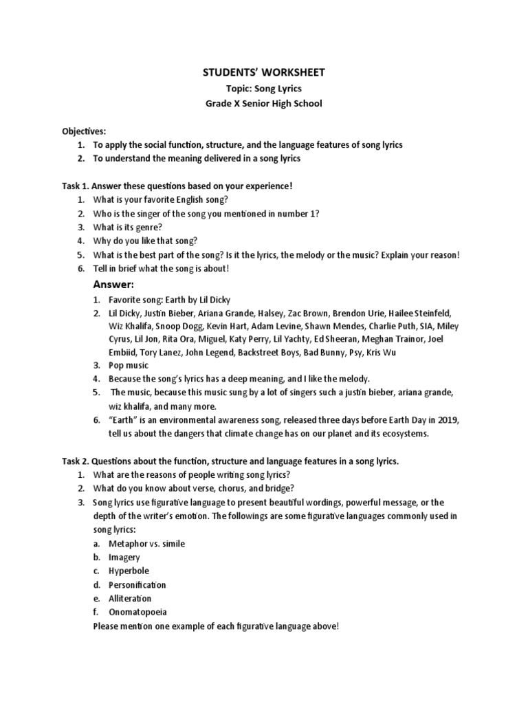 Song Lyrics Worksheet Analysis | PDF | Song Structure