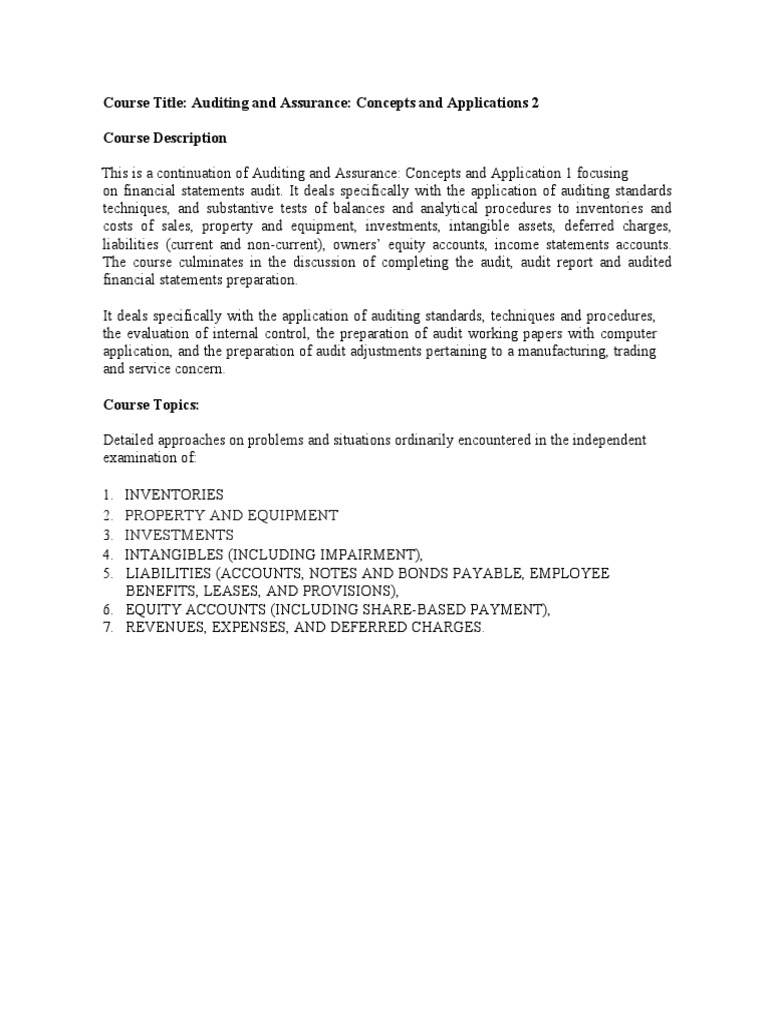 Course Title: Auditing and Assurance: Concepts and Applications 2 Course Description | PDF