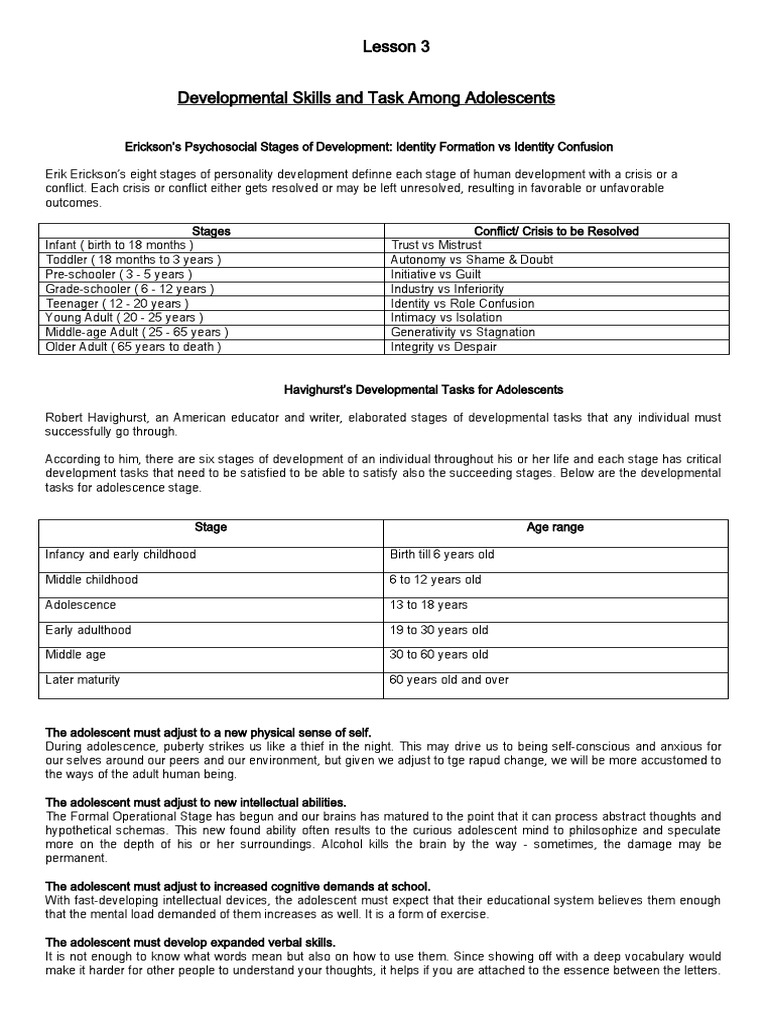 Lesson 3 Developmental Skills and Task Among Adolescents | PDF ...