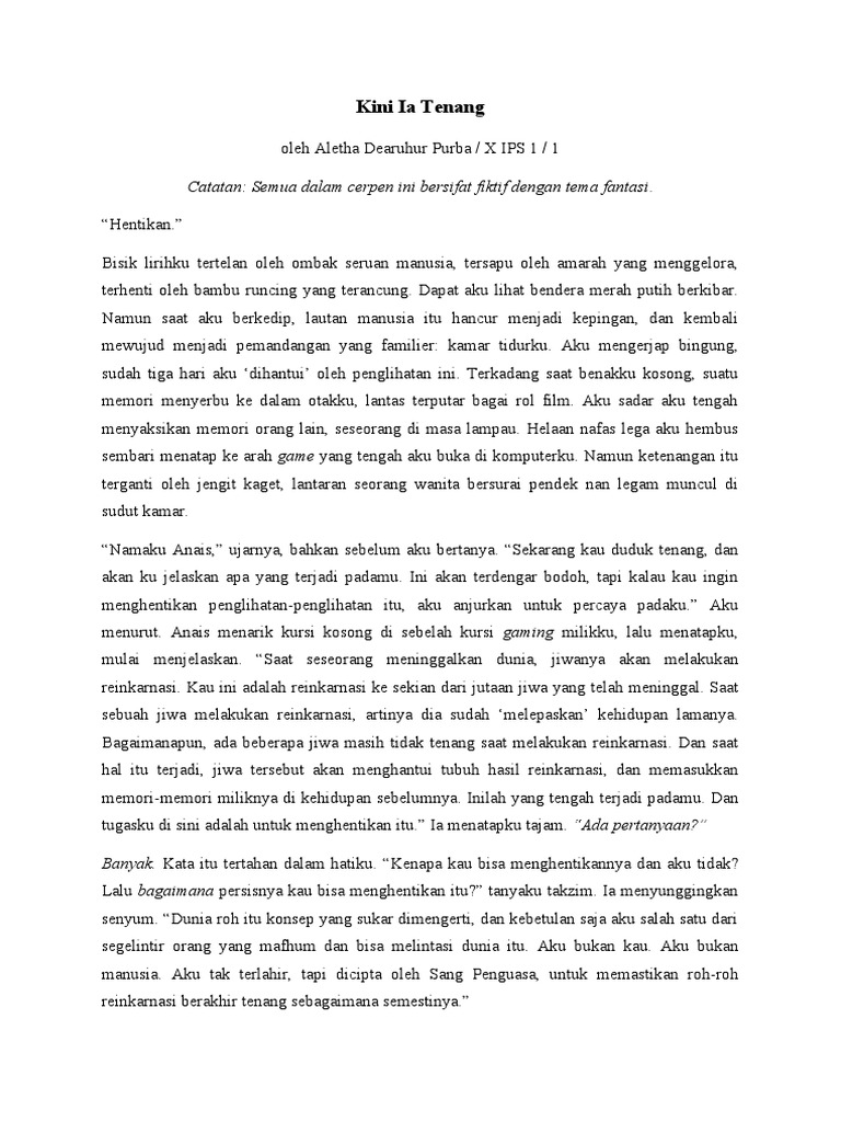 Kini Ia Tenang - Aletha - X IPS 1 - 1 | PDF