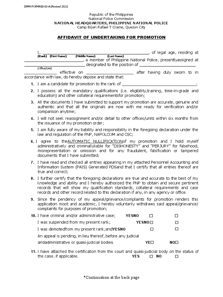 Affidavit of Undertaking for PNP Promotion | PDF | Affidavit | Government
