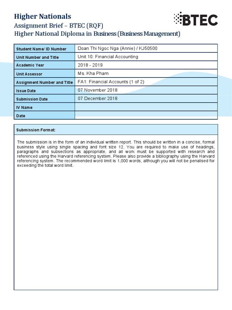 Higher Nationals: Assignment Brief - BTEC (RQF) Higher National Diploma in Business (Business ...