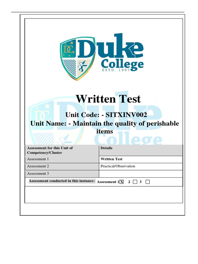 Written Test: Unit Code: - SITXINV002 Unit Name: - Maintain The Quality ...