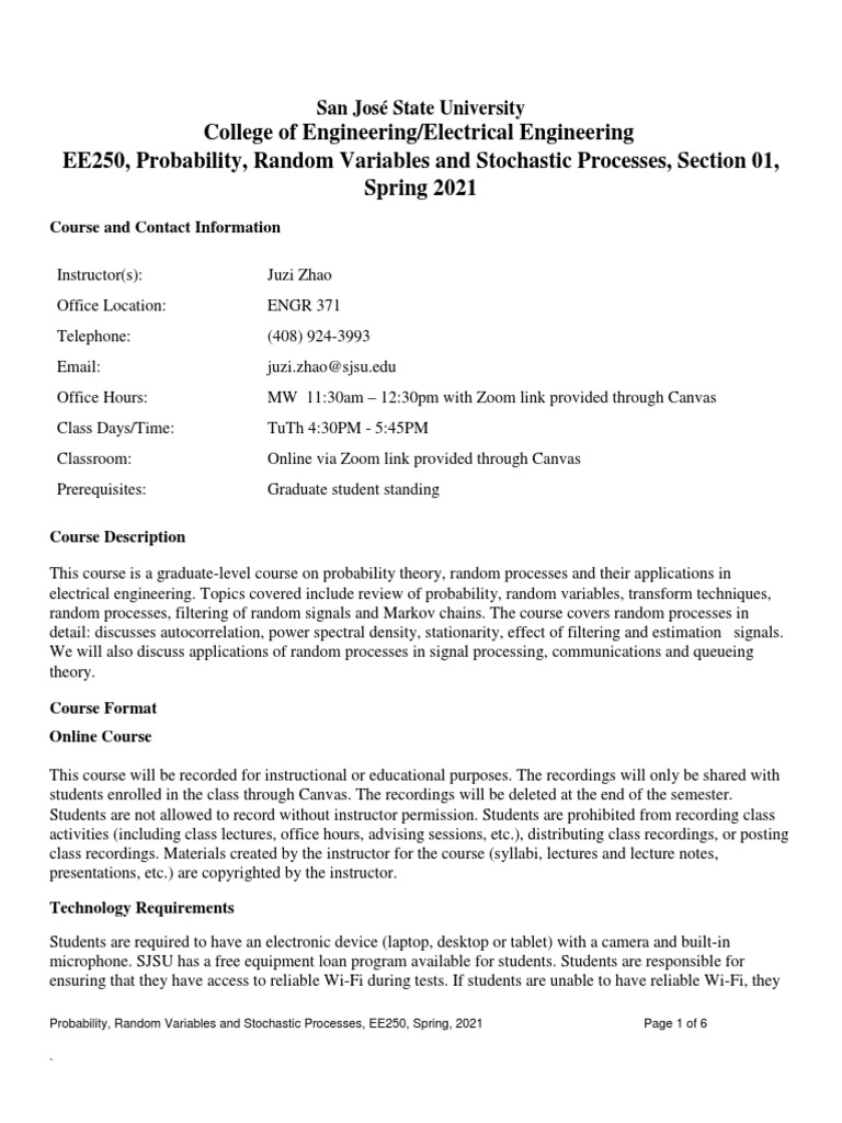 College of Engineering/Electrical Engineering EE250, Probability, Random Variables and ...