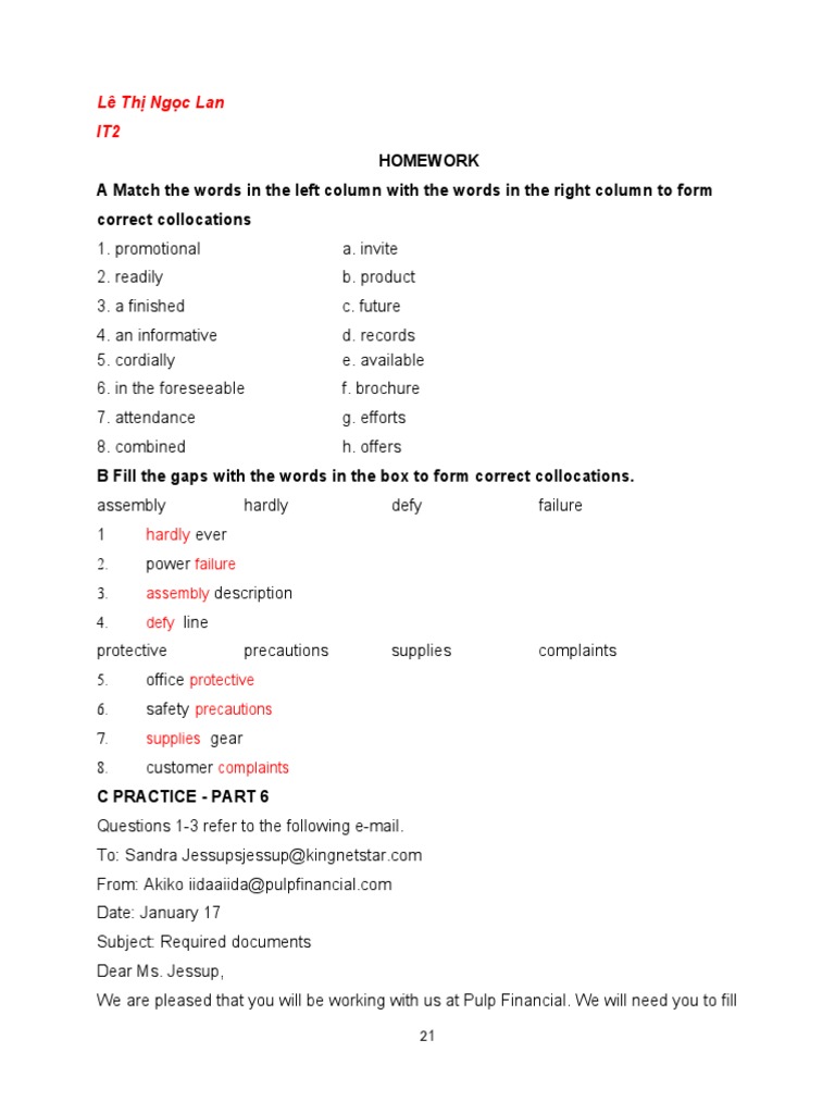 Homework A Match The Words in The Left Column With The Words in The ...