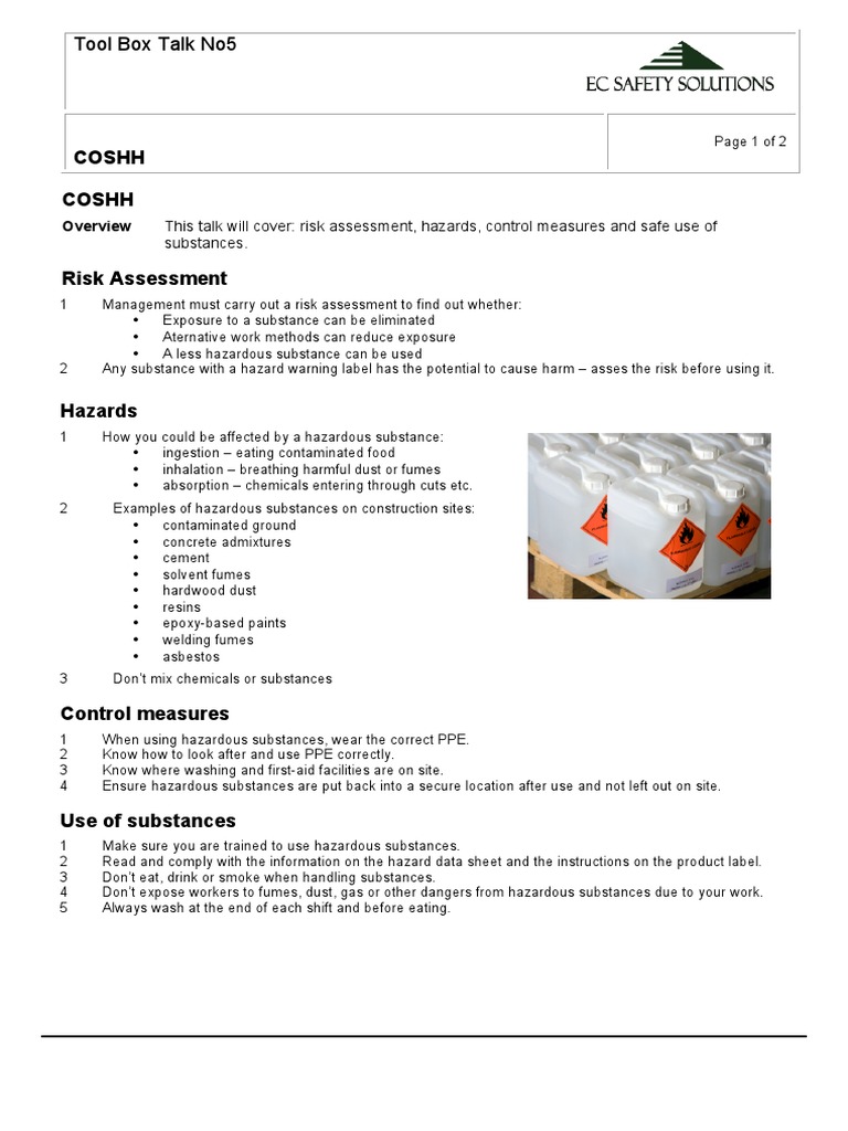 Coshh Coshh: Tool Box Talk No5 | PDF | Personal Protective Equipment ...
